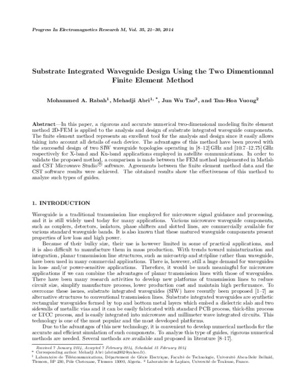 (PDF) Substrate Integrated Waveguide Design Using the Two Dimentionnal Finite Element Method