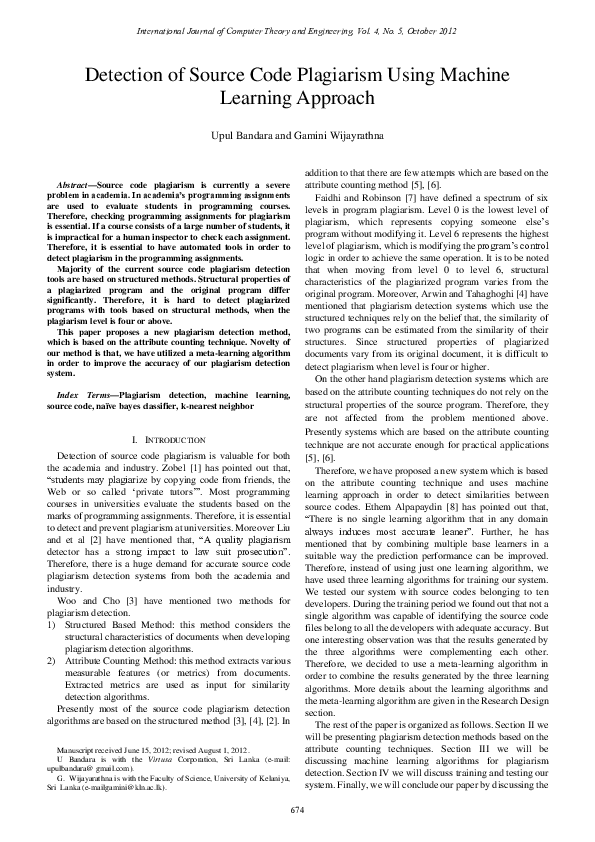 (PDF) Detection of Source Code Plagiarism Using Machine Learning Approach