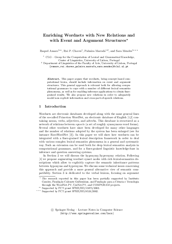 (PDF) Enriching Wordnets With New Relations and With Event and Argument Structures