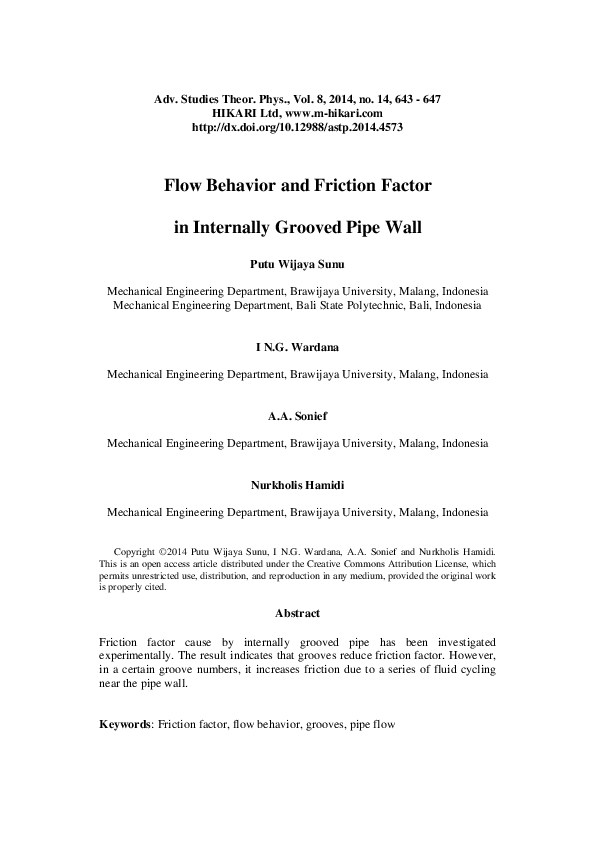 (PDF) Flow behavior and friction factor in internally grooved pipe wall