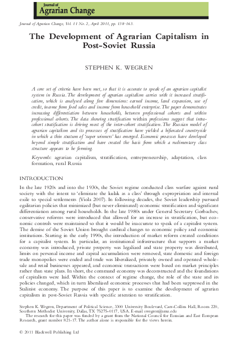 (PDF) The Development of Agrarian Capitalism in Post-Soviet Russia
