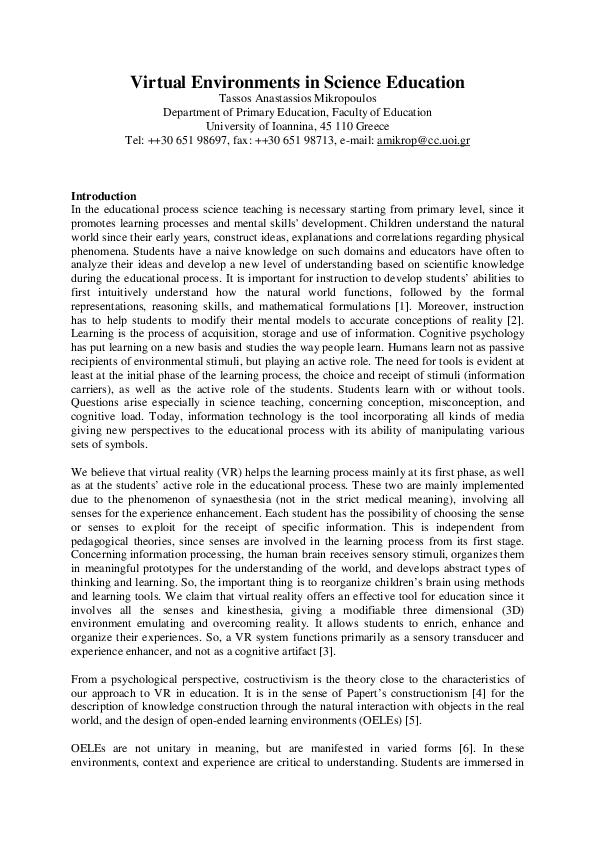 (PDF) Virtual Environments in Science Education