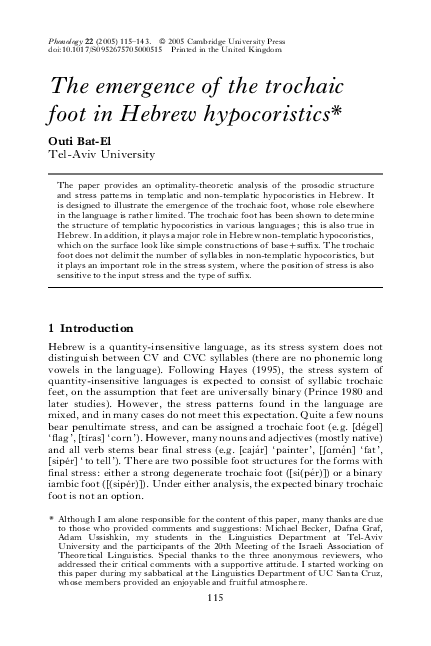 (PDF) The emergence of the trochaic foot in Hebrew hypocoristics