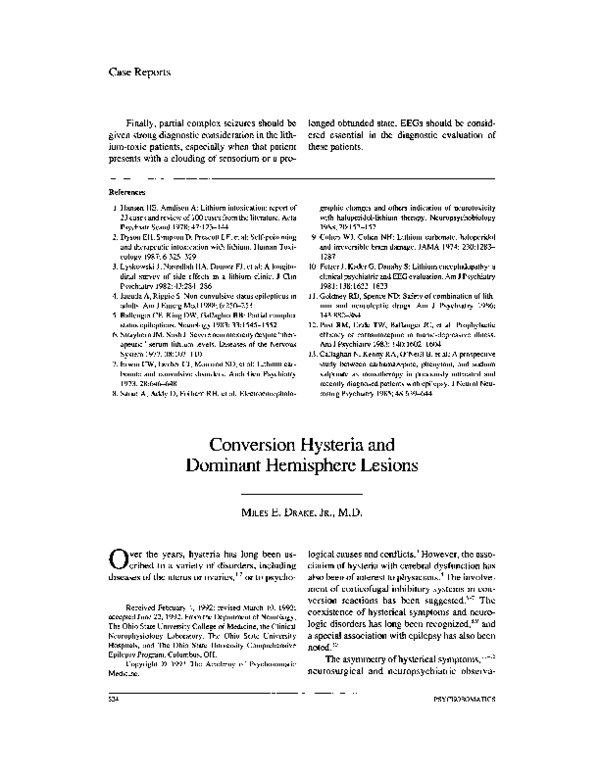 (PDF) Conversion Hysteria and Dominant Hemisphere Lesions