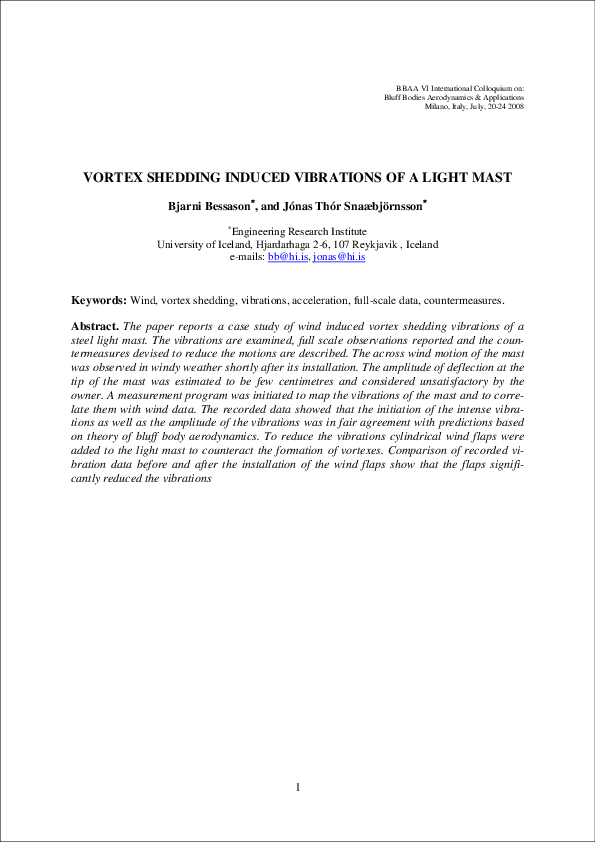 (PDF) Vortex Shedding Induced Vibrations of a Light Mast