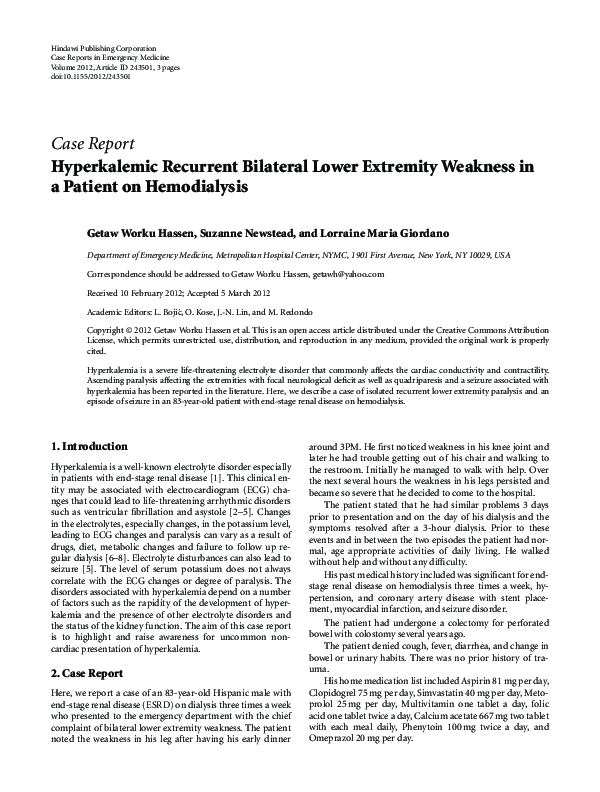 (PDF) Hyperkalemic Recurrent Bilateral Lower Extremity Weakness in a ...