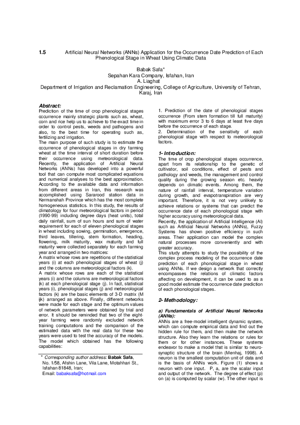 (PDF) 1.5 Artificial Neural Networks (ANNs) Application for the Occurrence Date Prediction of ...