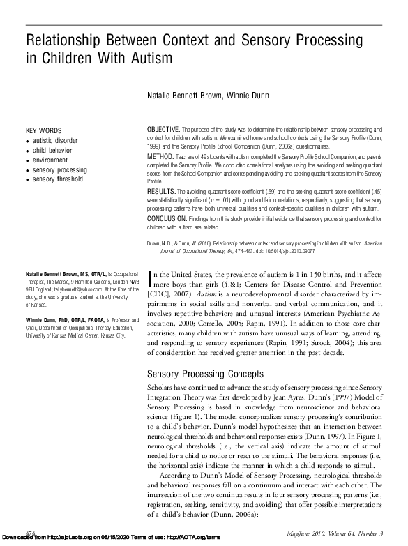 (PDF) Relationship Between Context and Sensory Processing in Children ... (PDF) Relationship Between Context and Sensory Processing in Children ...
