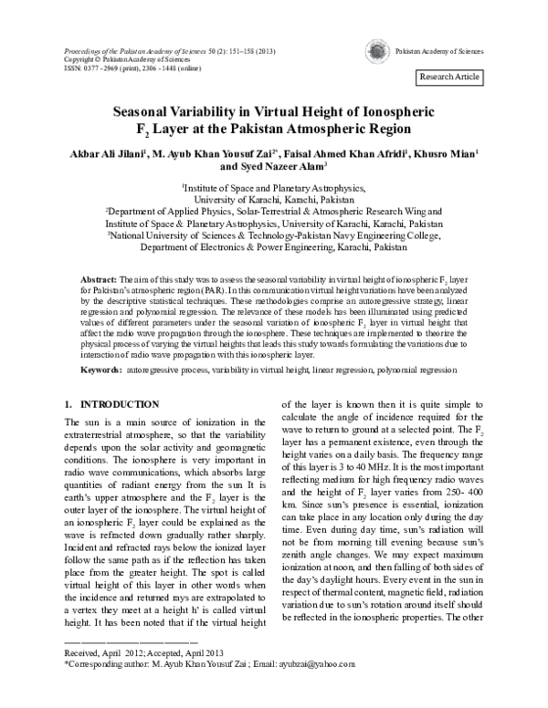 (PDF) Seasonal Variability in Virtual Height of Ionospheric F2 Layer at the Pakistan Atmospheric ...