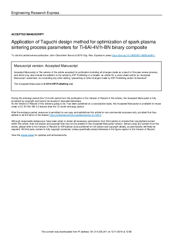 (PDF) Application of Taguchi design method for optimization of spark plasma sintering process ...
