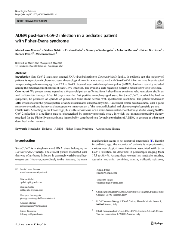 (PDF) ADEM post-Sars-CoV-2 infection in a pediatric patient with Fisher ...