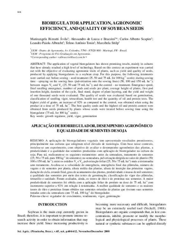 (PDF) Bioregulator application, agronomic efficiency, and quality of soybean seeds