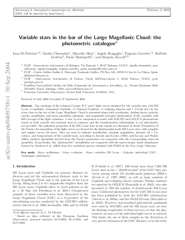 (PDF) Variable stars in the bar of the Large Magellanic Cloud: The photometric catalogue