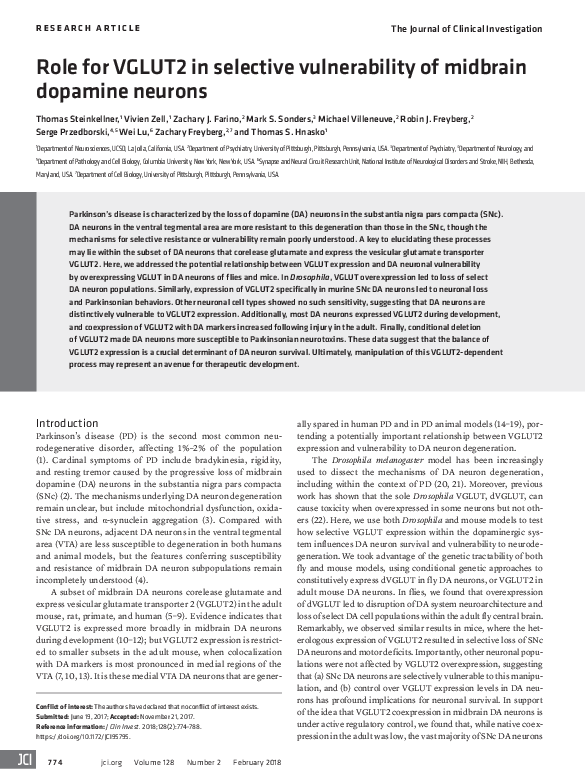 (PDF) Role for VGLUT2 in selective vulnerability of midbrain dopamine ...
