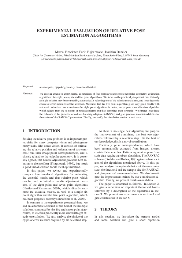 (PDF) Experimental evaluation of relative pose estimation algorithms