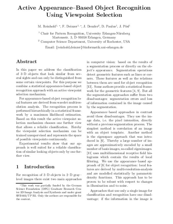 Pdf Active Appearance Based Object Recognition Using Viewpoint Selection