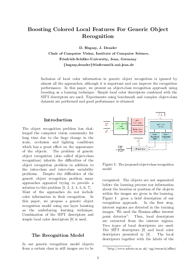 Pdf Boosting Colored Local Features For Generic Object Recognition Joachim Denzler