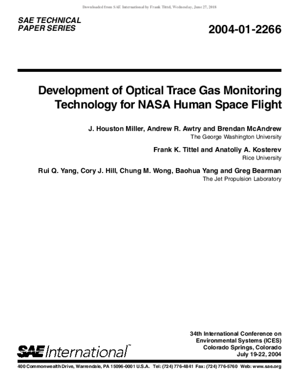 (PDF) Development of Optical Trace Gas Monitoring Technology for NASA ...