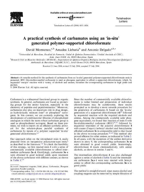 (PDF) A practical synthesis of carbamates using an ‘in-situ’ generated ...