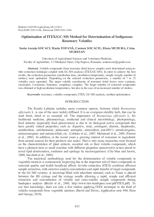 (PDF) Optimization of ITEX/GC-MS Method for Determination of Indigenous ...