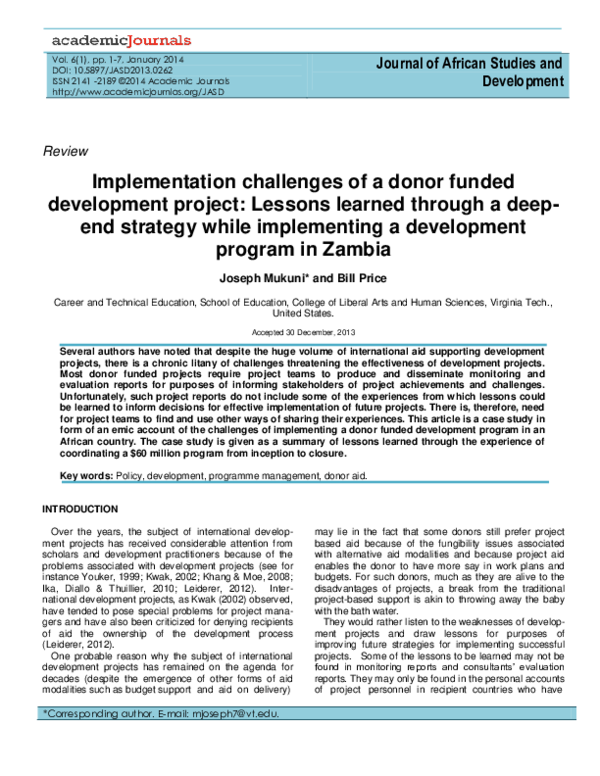 Pdf Implementation Challenges Of A Donor Funded Development Project Lessons Learned Through A