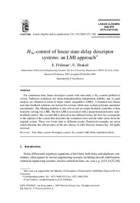 H∞-control of linear state-delay descriptor systems: an LMI approach