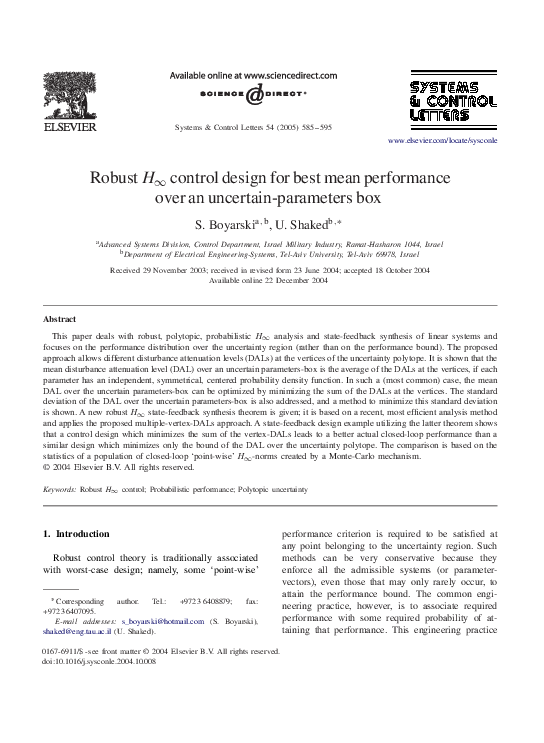(PDF) Robust control design for best mean performance over an uncertain-parameters box
