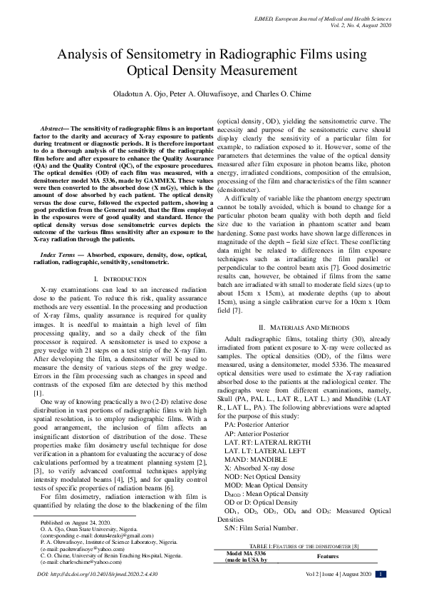 (PDF) Analysis of Sensitometry in Radiographic Films using Optical ...