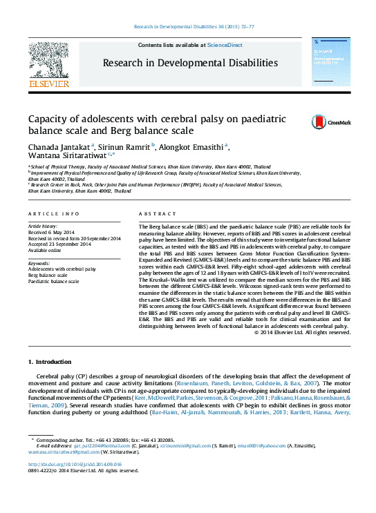 (PDF) Capacity of adolescents with cerebral palsy on paediatric balance ...