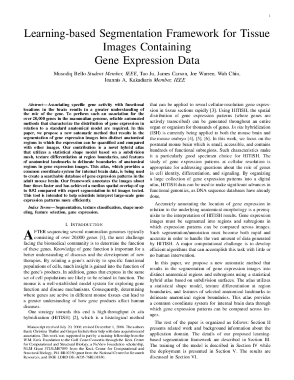 (PDF) Learning-Based Segmentation Framework for Tissue Images Containing Gene Expression Data ...