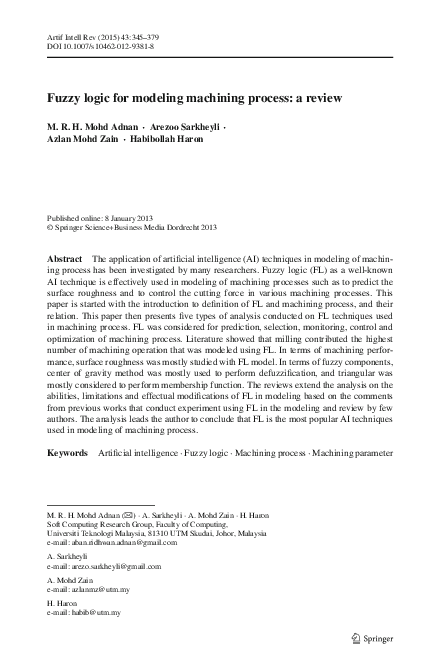 (PDF) Fuzzy logic for modeling machining process: a review