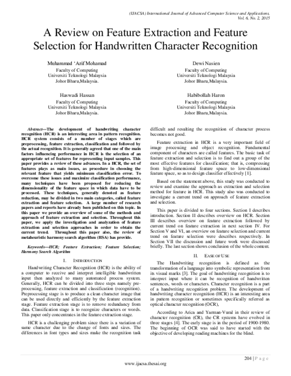 Pdf A Review On Feature Extraction And Feature Selection For Handwritten Character Recognition