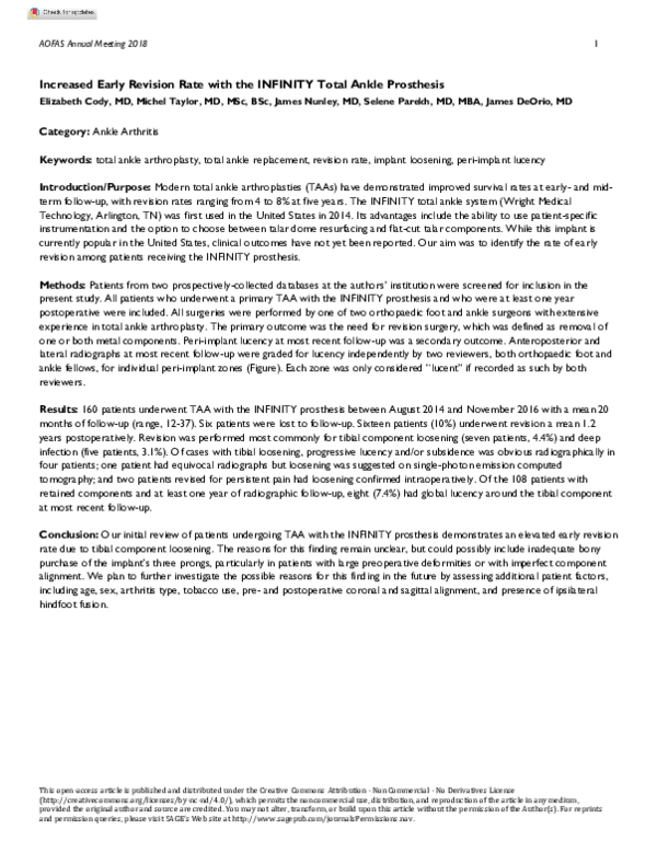 (PDF) Increased Early Revision Rate With the INFINITY Total Ankle ...
