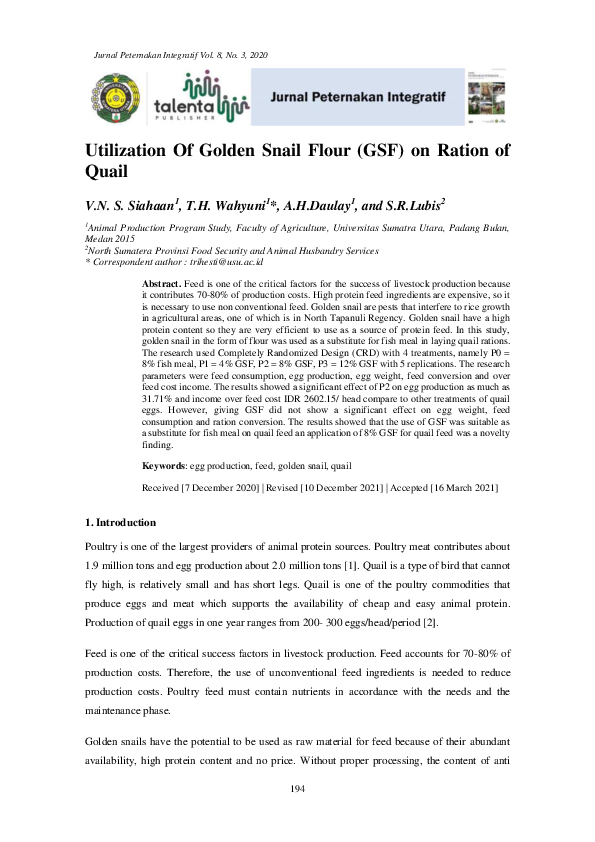 (PDF) Utilization Of Golden Snail Flour (GSF) on Ration of Quail