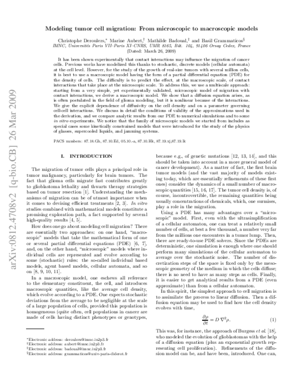 (PDF) Modeling tumor cell migration: From microscopic to macroscopic models