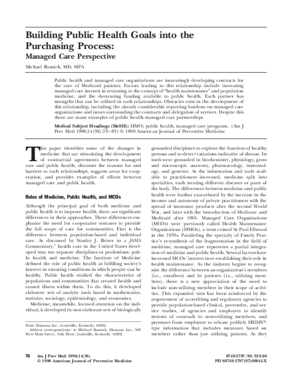 (PDF) Building public health goals into the purchasing process: managed ...