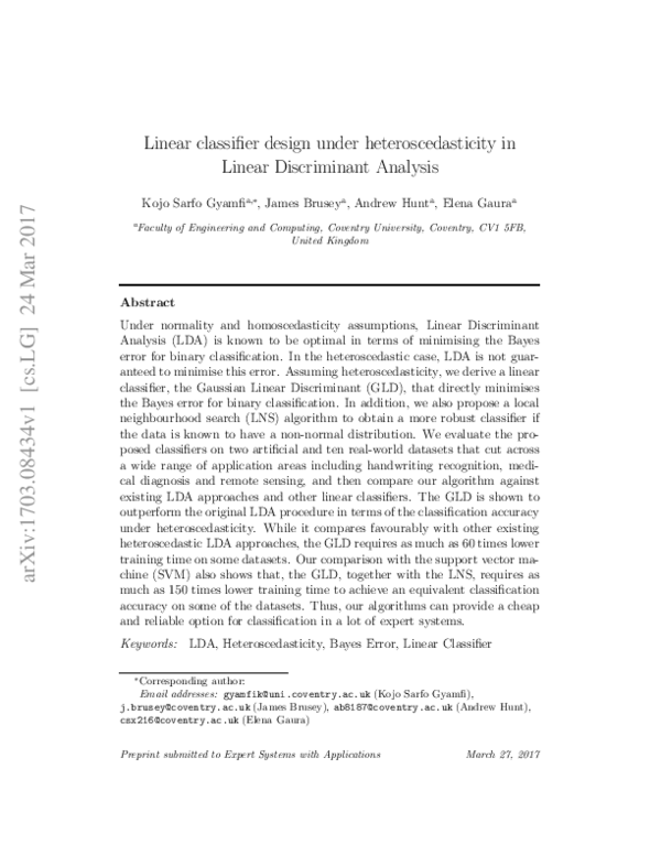 (PDF) Linear classifier design under heteroscedasticity in Linear Discriminant Analysis