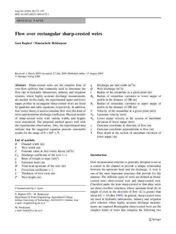 (PDF) Flow over rectangular sharp-crested weirs