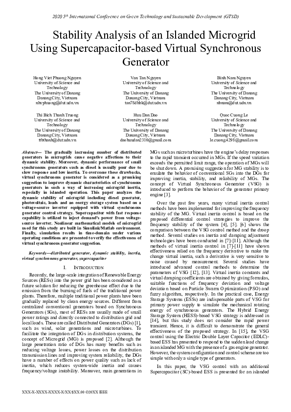 (PDF) Stability Analysis of an Islanded Microgrid Using Supercapacitor-based Virtual Synchronous ...