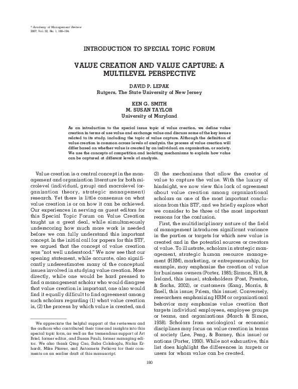 (PDF) Value Creation and Value Capture: A Multilevel Perspective