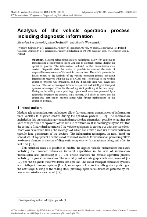 (PDF) Analysis of the vehicle operation process including diagnostic ...