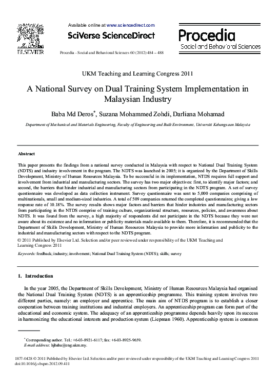 (PDF) A National Survey on Dual Training System Implementation in Malaysian Industry