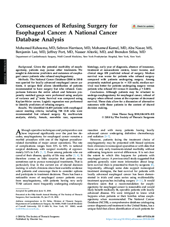 (PDF) Consequences of Refusing Surgery for Esophageal Cancer: A ...
