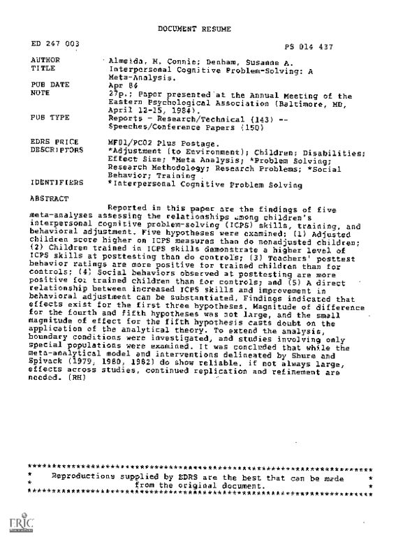 (PDF) Interpersonal Cognitive Problem-Solving: A Meta-Analysis