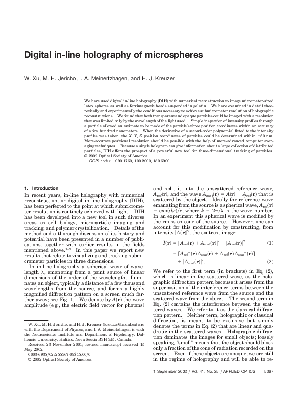 (PDF) Digital In-Line Holography of Microspheres