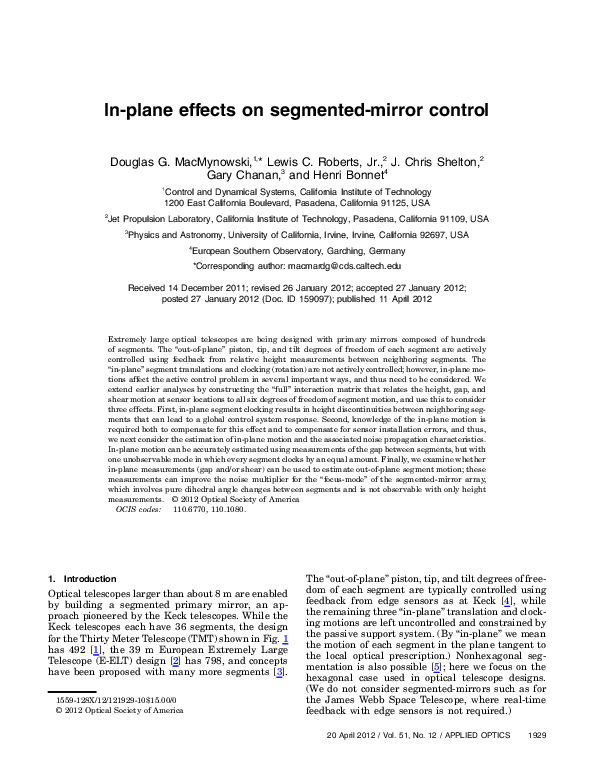 (PDF) In-plane effects on segmented-mirror control | Gary Chanan ...