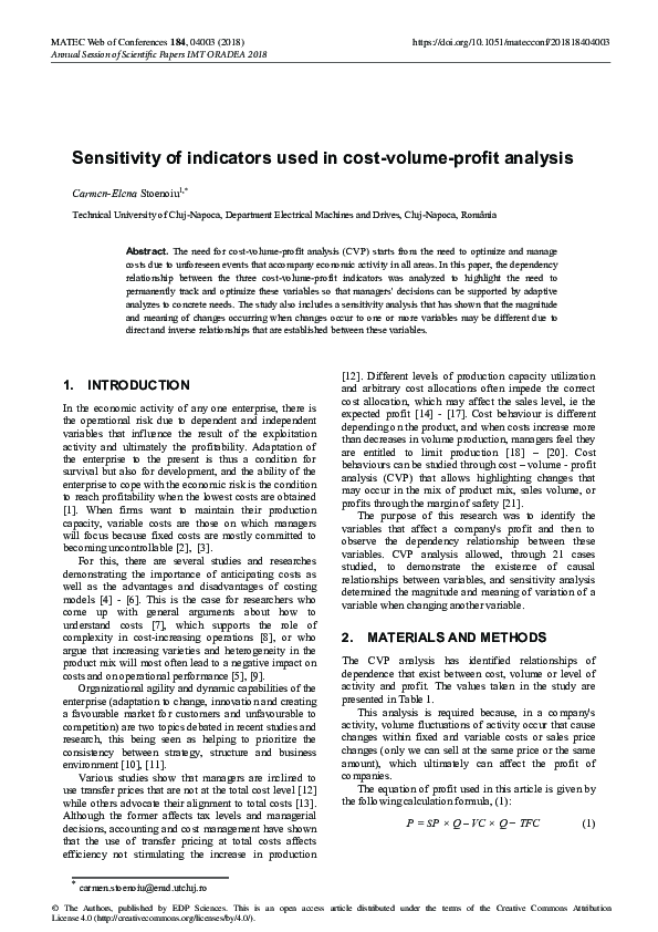 (PDF) Sensitivity of indicators used in cost-volume-profit analysis