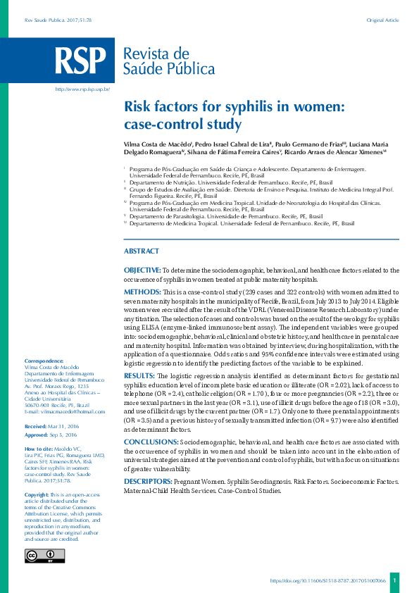 (PDF) Risk factors for syphilis in women: case-control study