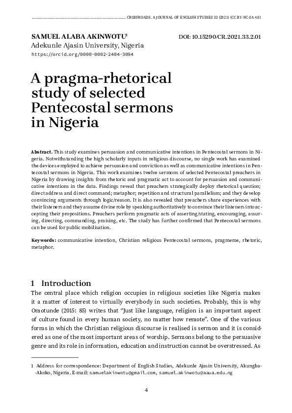 (PDF) A pragma-rhetorical study of selected Pentecostal sermons in Nigeria