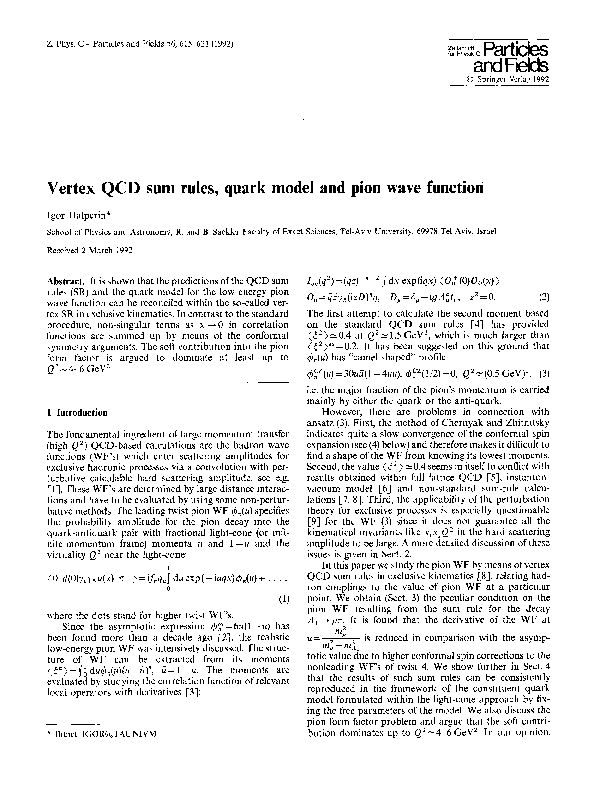 (PDF) Vertex QCD sum rules, quark model and pion wave function